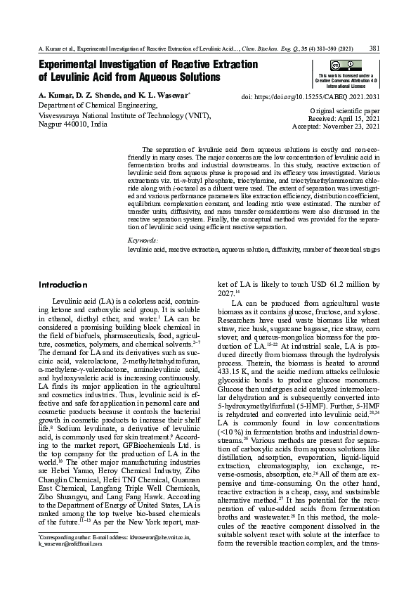 (PDF) Experimental Investigation of Reactive Extraction of Levulinic Acid from Aqueous Solutions