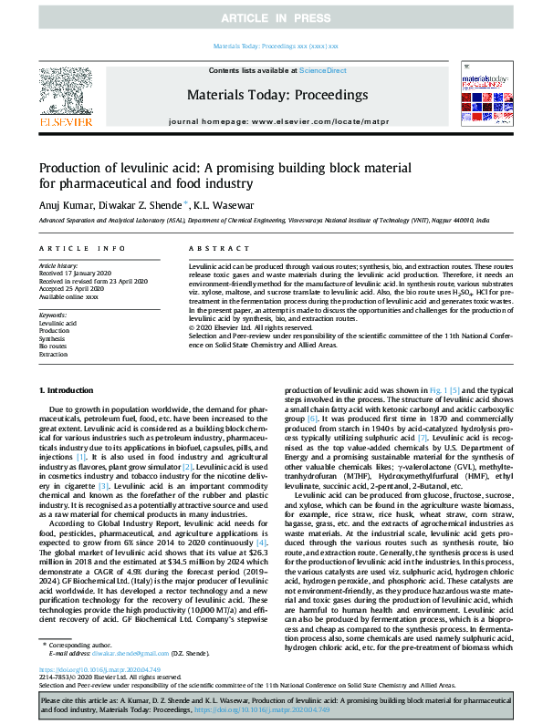 (PDF) Production of levulinic acid: A promising building block material ...