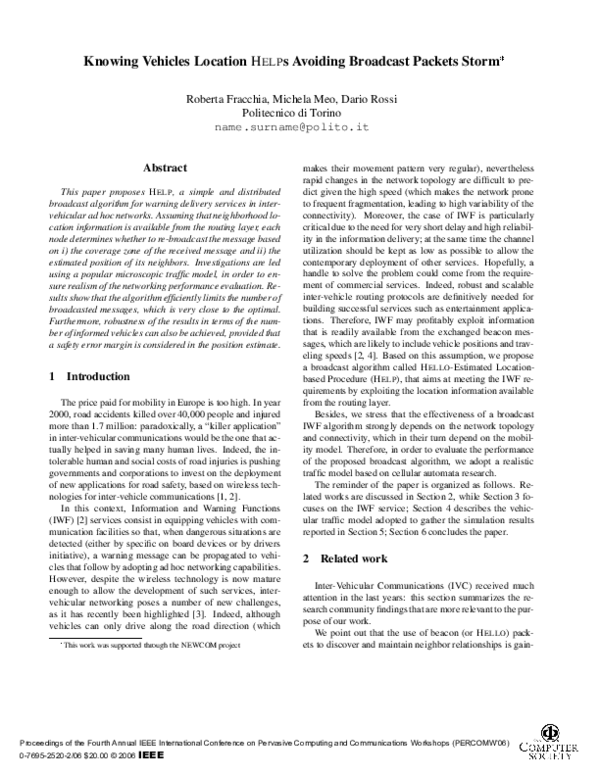 (PDF) Knowing Vehicles Location HELPs Avoiding Broadcast Packets Storm
