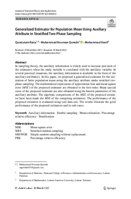 Pdf Generalized Estimator For Population Mean Using Auxiliary Attribute In Stratified Two