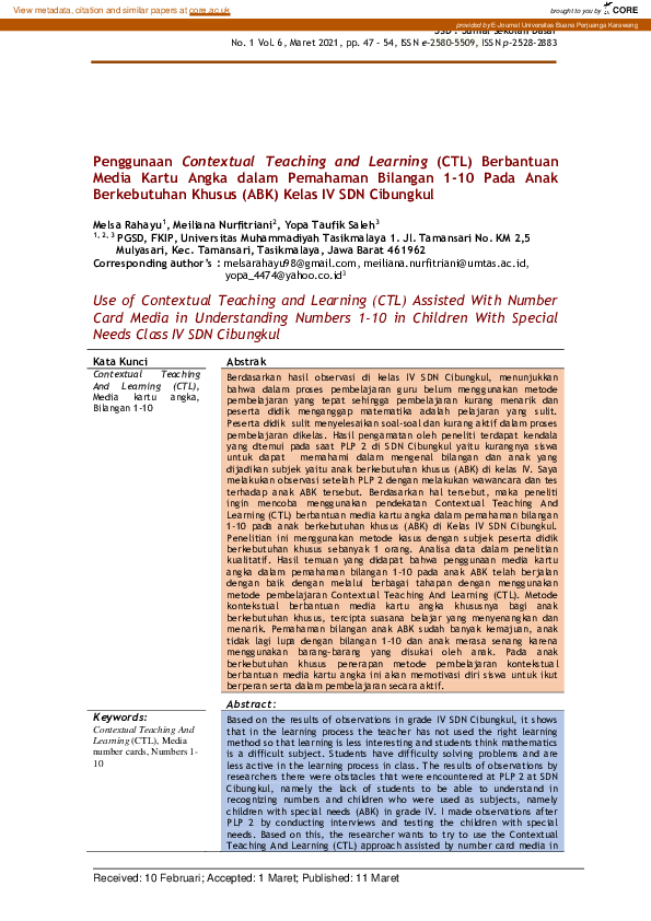 (PDF) Use of Contextual Teaching and Learning (CTL) Assisted with Number Card Media in ...