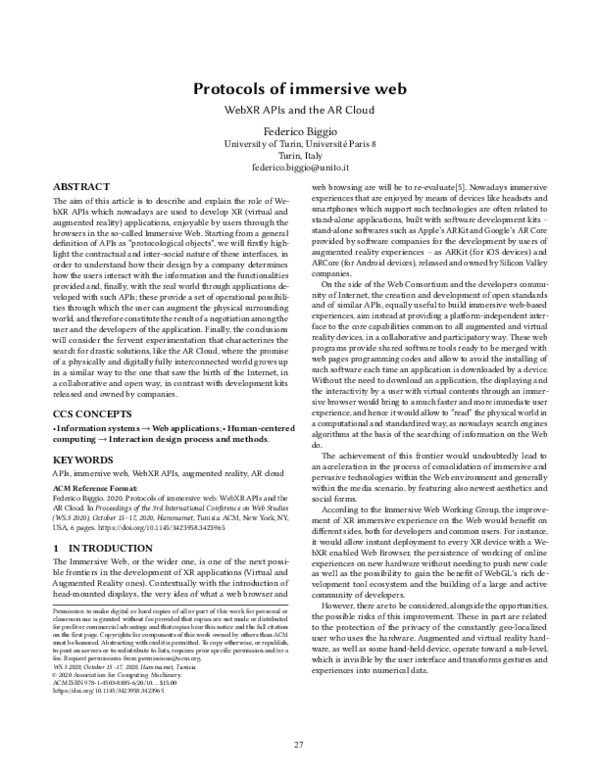 Pdf Protocols Of Immersive Web Webxr Apis And The Ar Cloud
