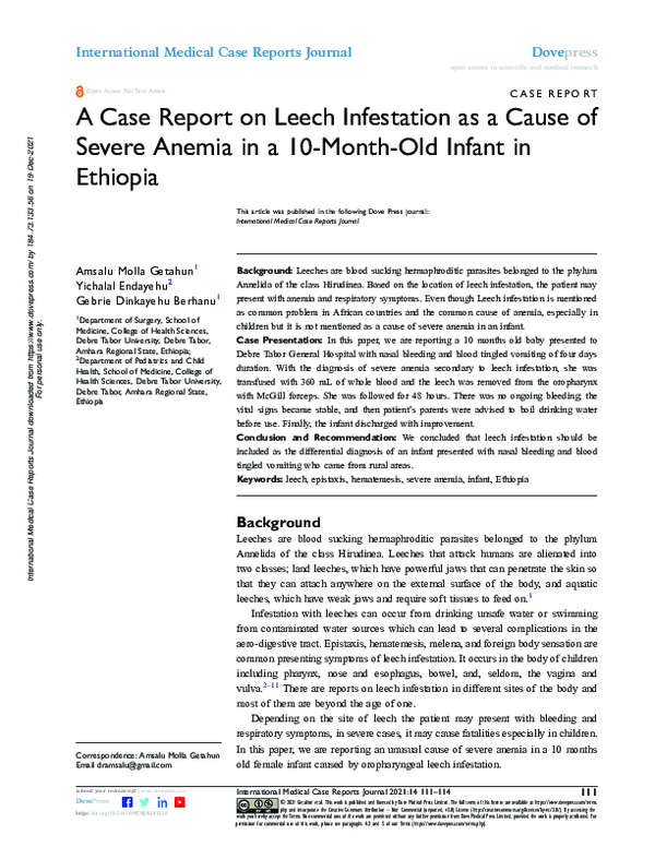 (PDF) A Case Report on Leech Infestation as a Cause of Severe Anemia in ...