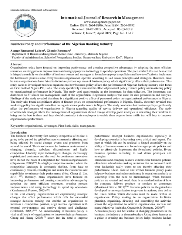 (PDF) Business Policy and Performance of the Nigerian Banking Industry
