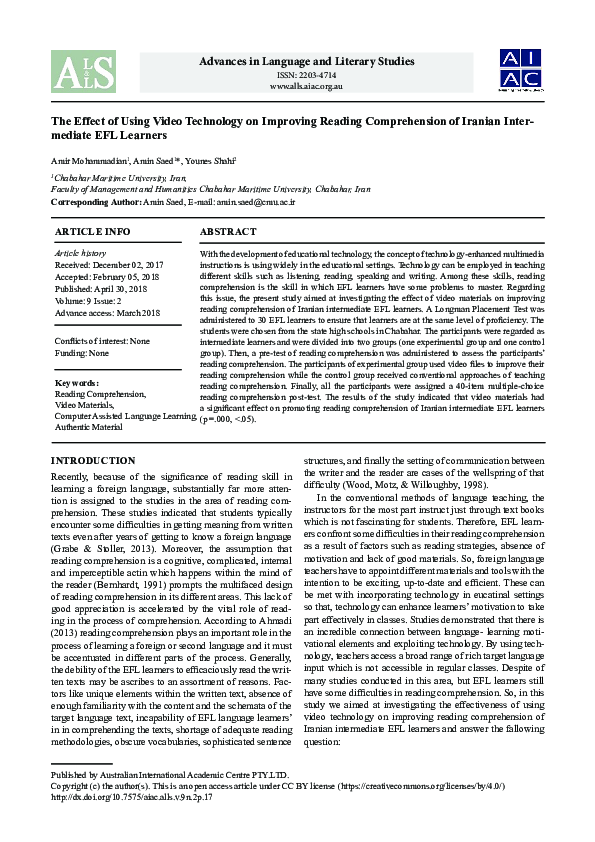 Pdf The Effect Of Using Video Technology On Improving Reading