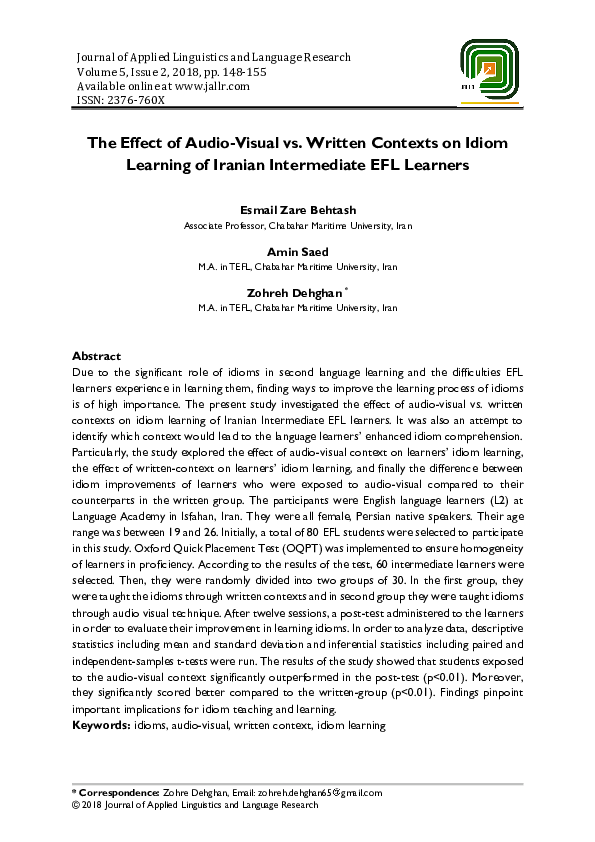 (PDF) The Effect of Audio-Visual vs. Written Contexts on Idiom Learning ...