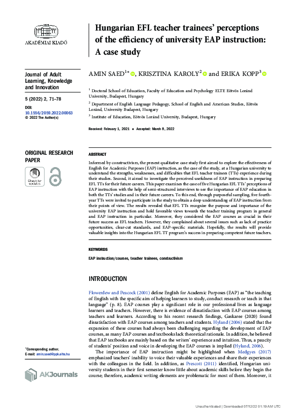 (PDF) Hungarian EFL teacher trainees' perceptions of the efficiency of university EAP ...