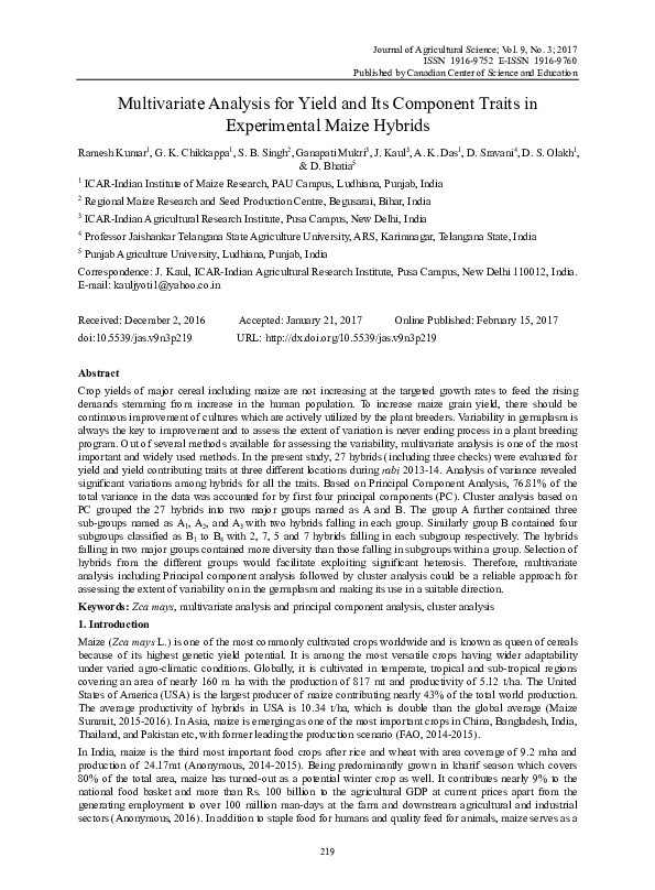 (PDF) Multivariate Analysis for Yield and Its Component Traits in Experimental Maize Hybrids