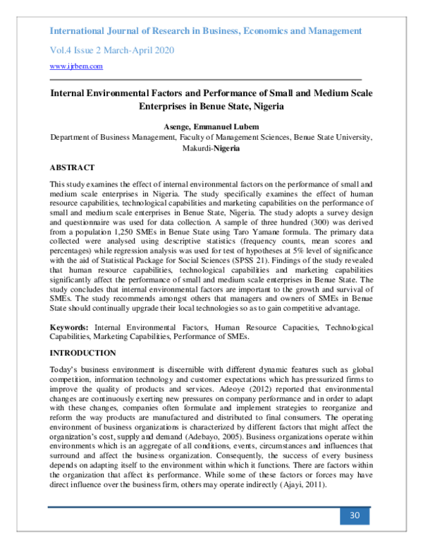 (PDF) Internal Environmental Factors and Performance of Small and Medium Scale Enterprises in ...