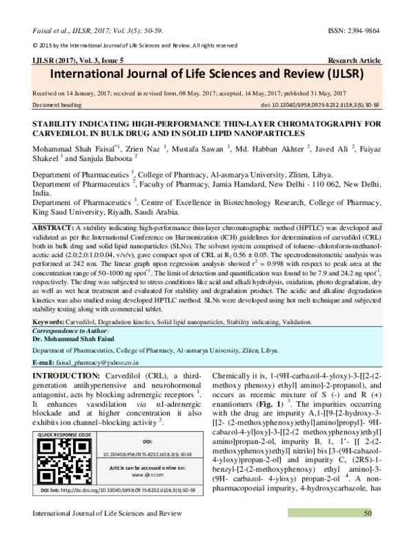 (PDF) Stability Indicating High-Performance Thin-Layer Chromatography for Carvedilol in Bulk ...
