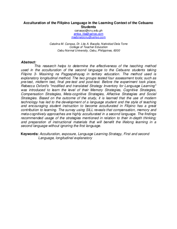 (PDF) Acculturation of the Filipino Language in the Learning Context of ...