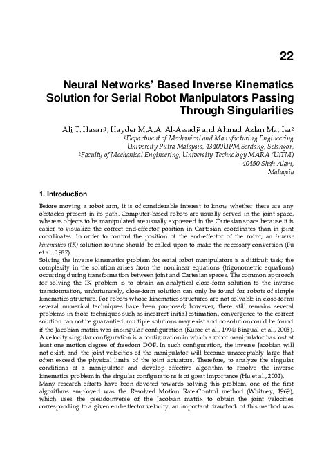 (PDF) Neural Networks' Based Inverse Kinematics Solution for Serial Robot Manipulators Passing ...