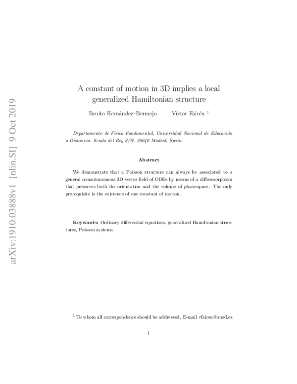 (PDF) A constant of motion in 3D implies a local generalized ...