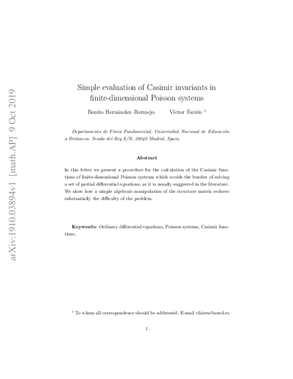 (PDF) Simple evaluation of Casimir invariants in finite-dimensional ...
