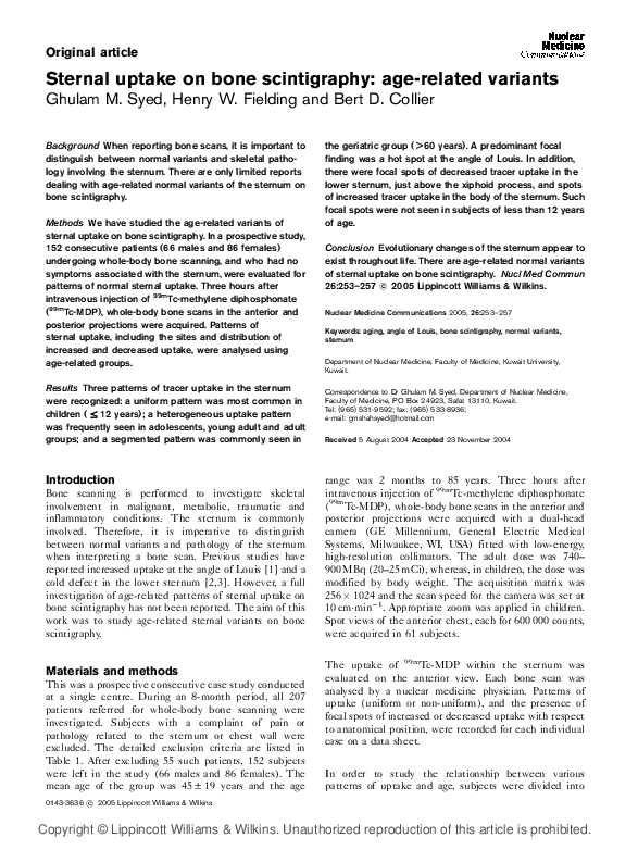 (PDF) Sternal uptake on bone scintigraphy: age-related variants