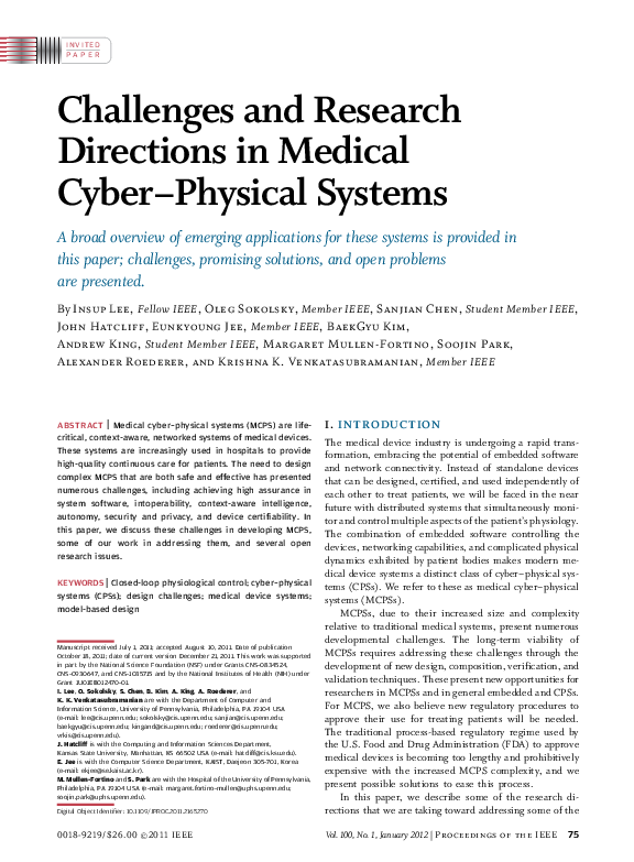 (PDF) Challenges and Research Directions in Medical Cyber–Physical Systems | Eunkyoung Jee ...