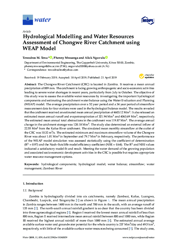(PDF) Hydrological Modelling and Water Resources Assessment of Chongwe River Catchment using ...
