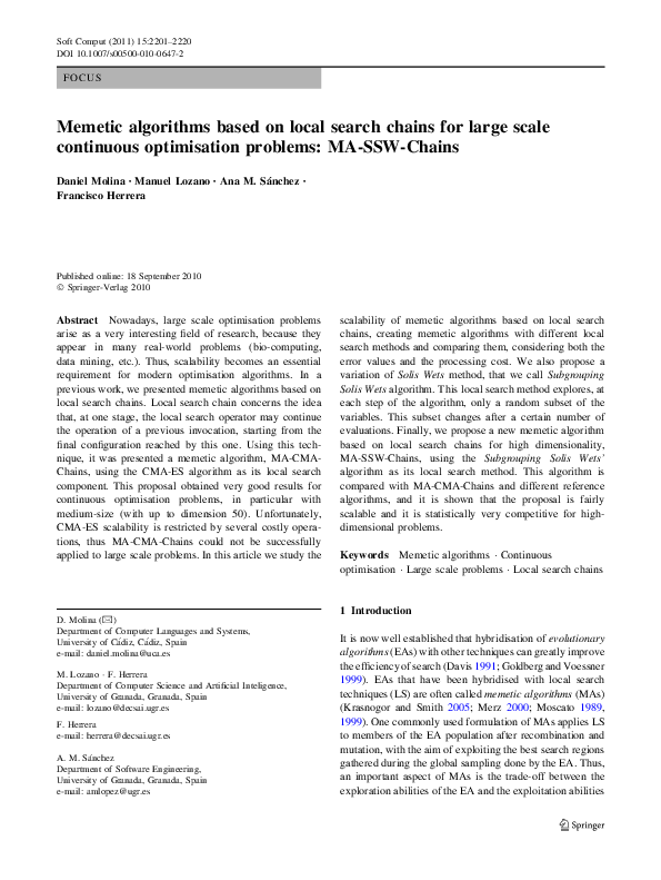(PDF) Memetic algorithms based on local search chains for large scale continuous optimisation ...
