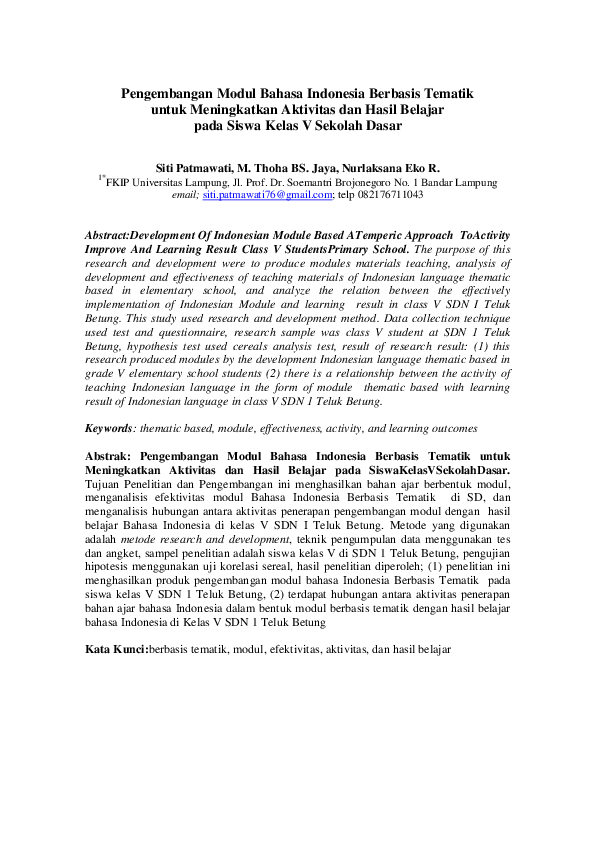 (PDF) Pengembangan Modul Bahasa Indonesia Berbasis Tematik untuk Meningkatkan Aktivitas dan ...