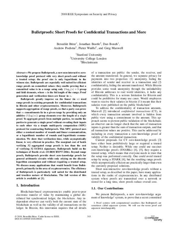 Bulletproofs: Short Proofs for Confidential Transactions and More