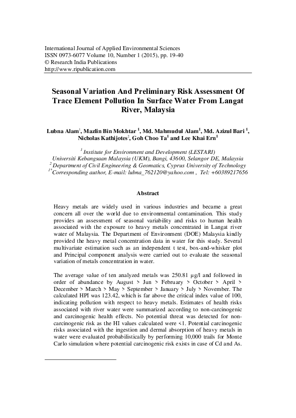 Pdf Seasonal Variation And Preliminary Risk Assessment Of Trace Element Pollution In Surface