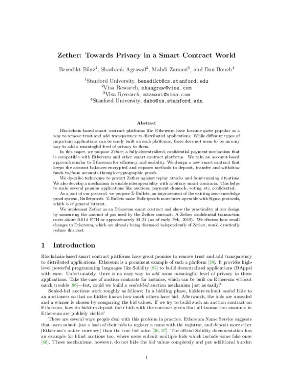 (PDF) Zether: Towards Privacy in a Smart Contract World