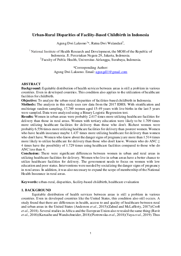(PDF) Urban-Rural Disparities of Facility-Based Childbirth in Indonesia
