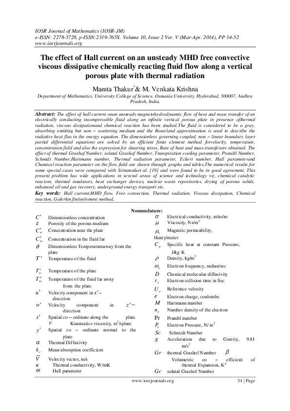 (PDF) The effect of Hall current on an unsteady MHD free convective viscous dissipative ...