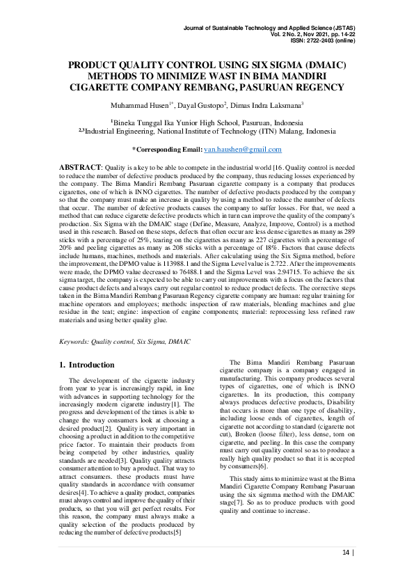 (PDF) Product Quality Control Using Six Sigma (Dmaic) Methods to Minimize Wast in Bima Mandiri ...