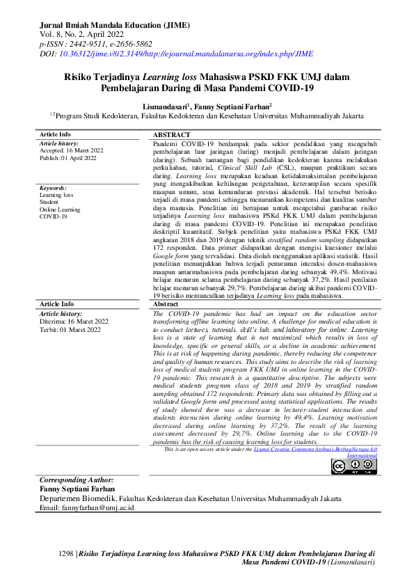 (PDF) Risiko Terjadinya Learning loss Mahasiswa PSKD FKK UMJ dalam Pembelajaran Daring di Masa ...