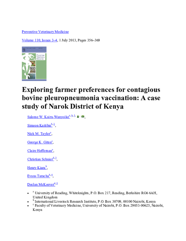 (PDF) Exploring farmer preferences for contagious bovine pleuropneumonia vaccination: A case ...