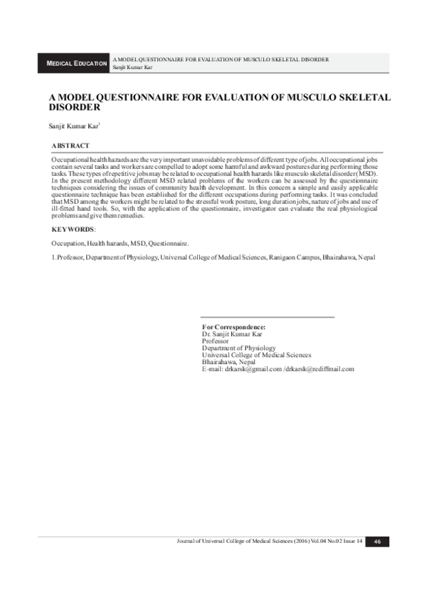 (PDF) A Model Questionnaire for Evaluation of Musculo Skeletal Disorder