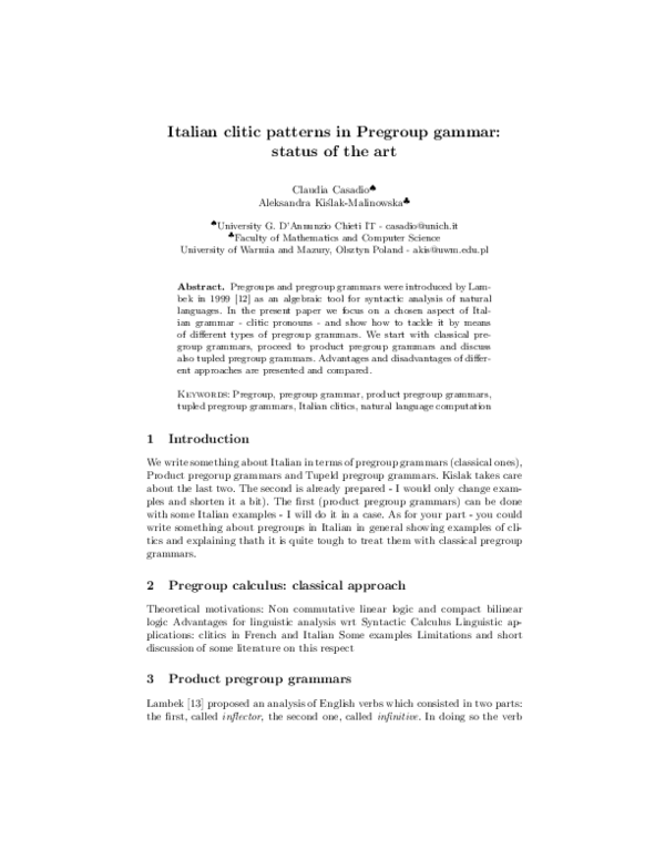 (PDF) Italian Clitic Patterns in Pregroup Grammar: State of the Art