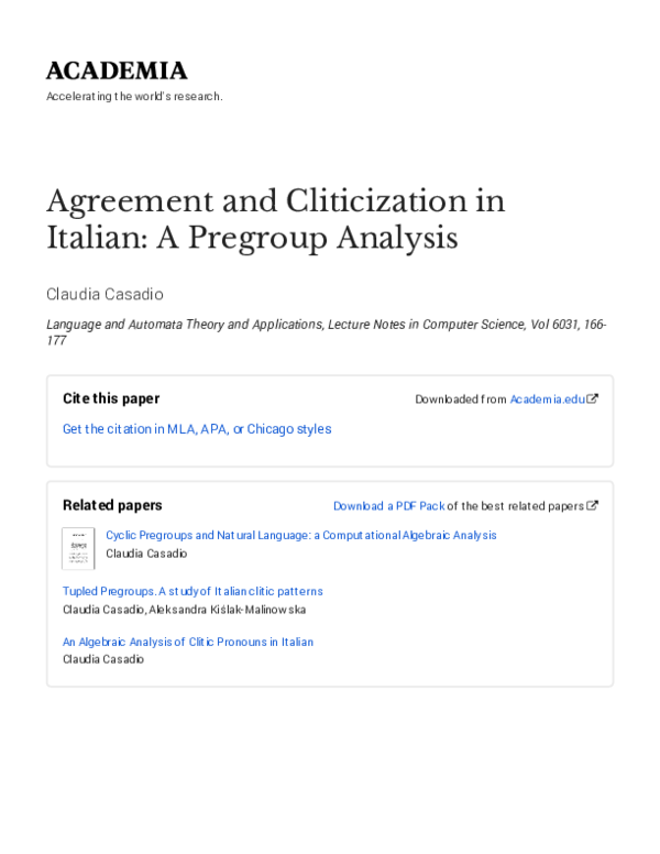 (PDF) Agreement and Cliticization in Italian: A Pregroup Analysis