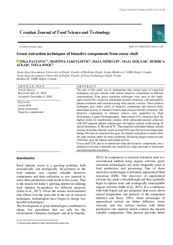Pdf Green Extraction Techniques Of Bioactive Components From Cocoa Shell