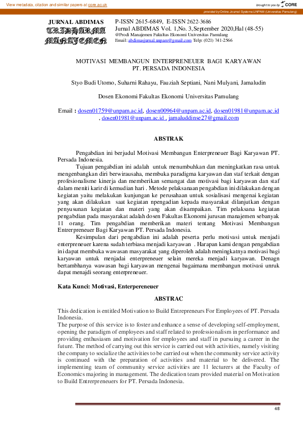(PDF) Motivasi Membangun Enterpreneuer Bagi Karyawan Pt. Persada Indonesia