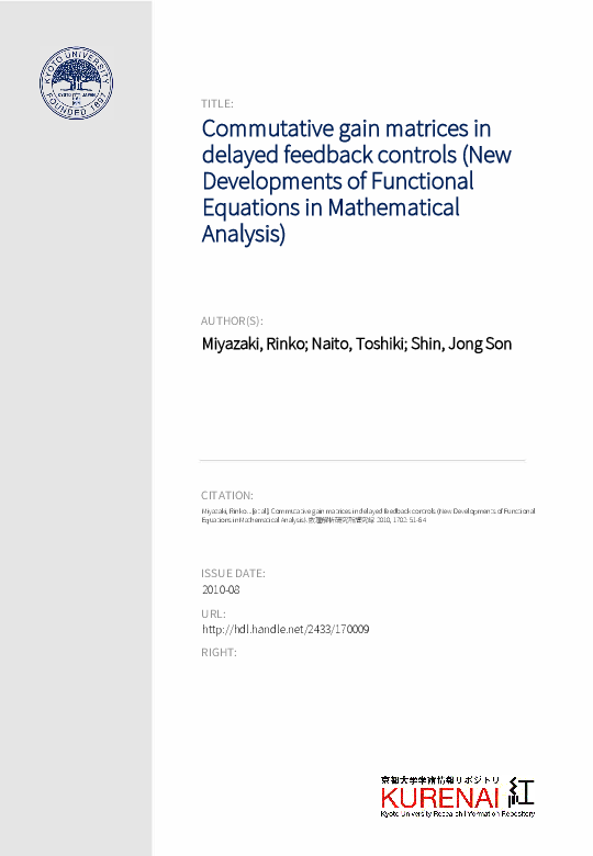 (PDF) Commutative gain matrices in delayed feedback controls (New Developments of Functional ...