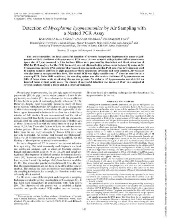 (PDF) Detection of Mycoplasma hyopneumoniae by Air Sampling with a ...
