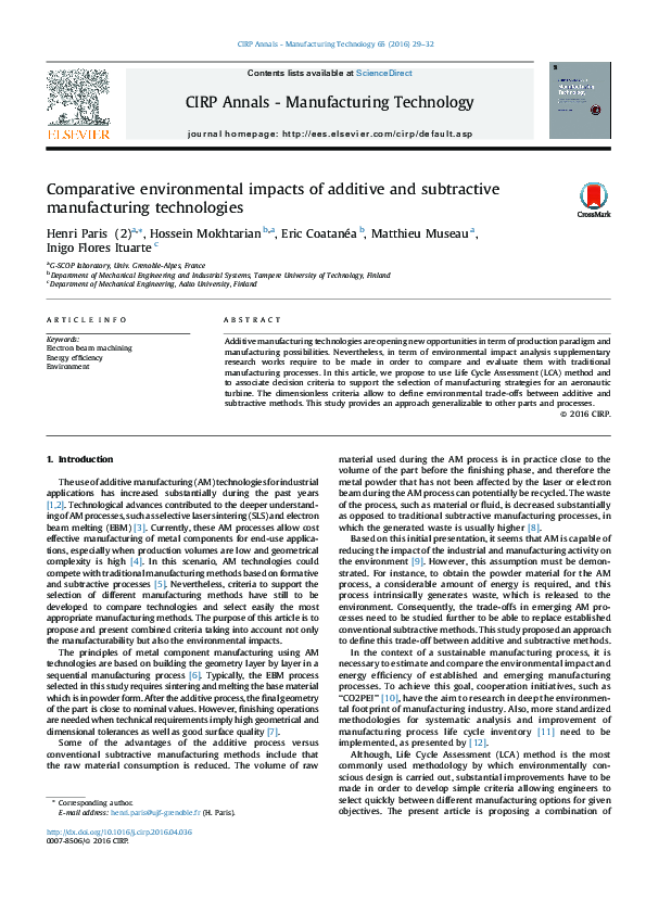 (PDF) Comparative environmental impacts of additive and subtractive ...