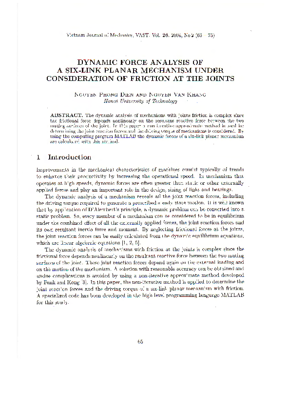 (PDF) Dynamic Force Analysis of a Six-Link Planar Mechanism Under ...