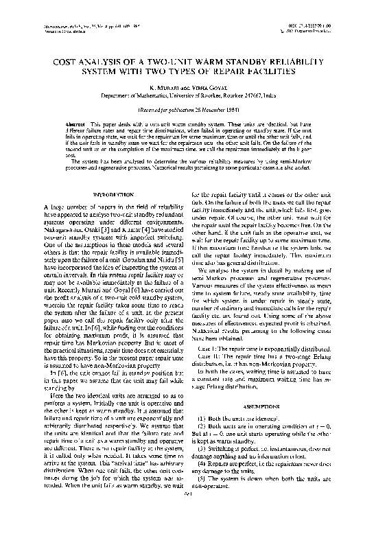 Pdf Cost Analysis Of A Two Unit Warm Standby Reliability System With