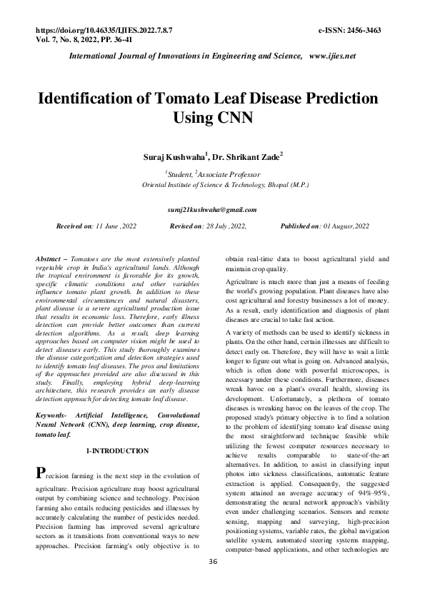 (PDF) Identification of Tomato Leaf Disease Prediction Using CNN