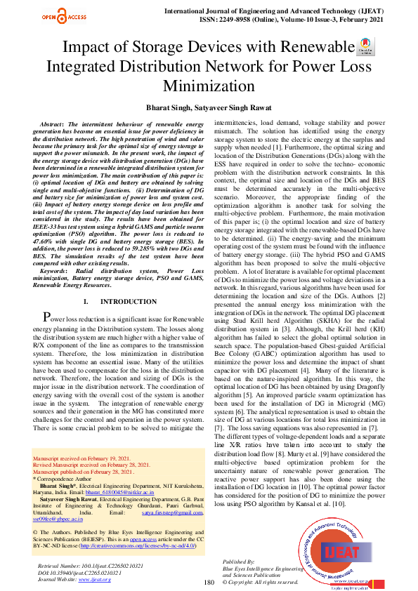 Pdf Impact Of Storage Devices With Renewable Integrated Distribution Network For Power Loss 3845