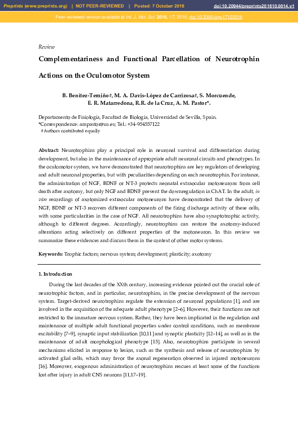 (PDF) Complementariness and Functional Parcellation of Neurotrophin Actions on the Oculomotor System