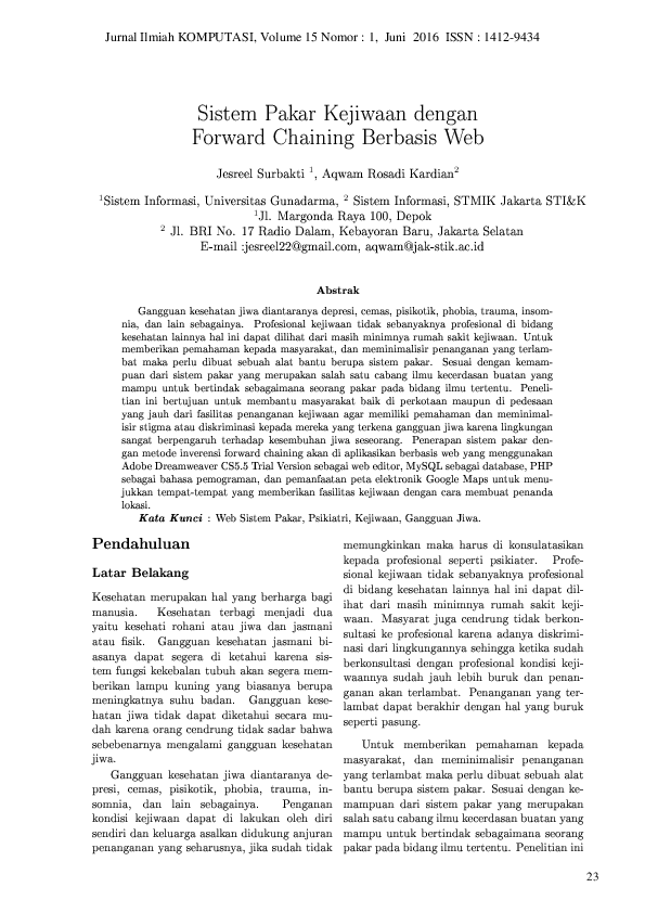 (PDF) Sistem Pakar Kejiwaan dengan Forward Chaining Berbasis Web