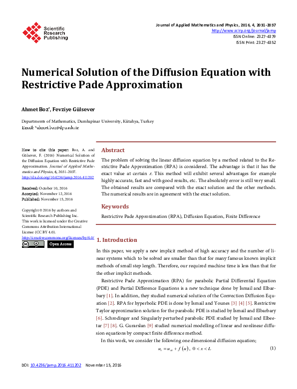 (PDF) Numerical Solution of the Diffusion Equation with Restrictive Pade Approximation