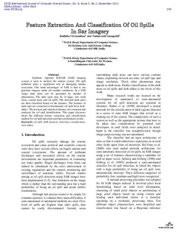 (PDF) Feature Extraction And Classification Of Oil Spills In Sar Imagery