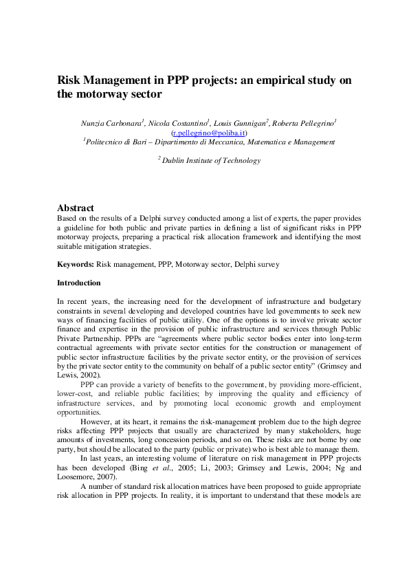 (PDF) Risk Management in PPP projects: an empirical study on the ...