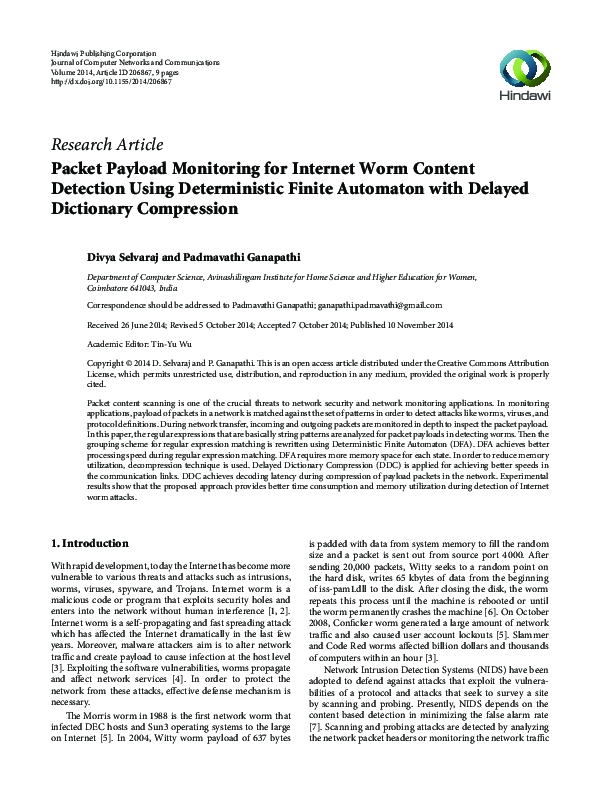 Pdf Packet Payload Monitoring For Internet Worm Content Detection Using Deterministic Finite