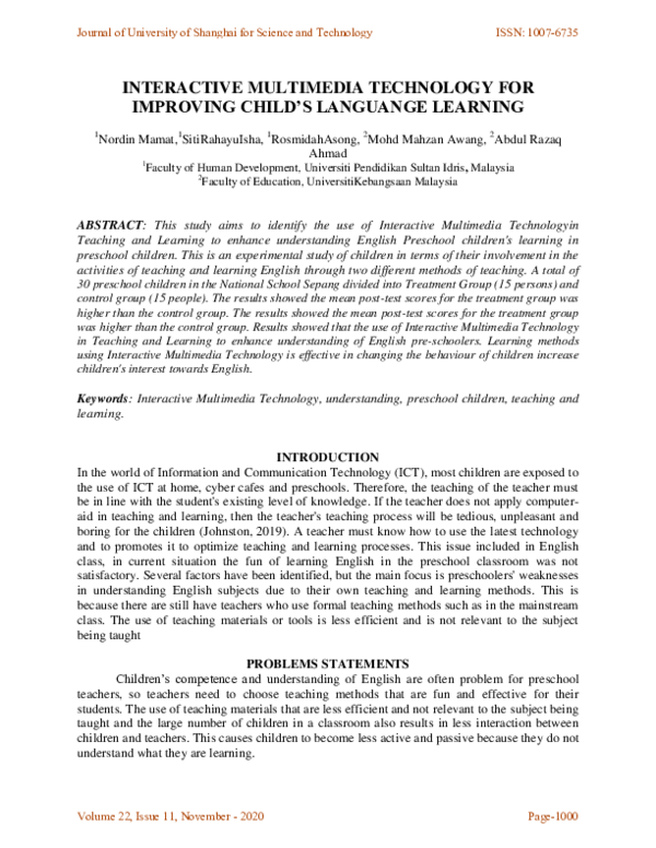 (PDF) INTERACTIVE MULTIMEDIA TECHNOLOGY FOR IMPROVING CHILD'S LANGUANGE LEARNING
